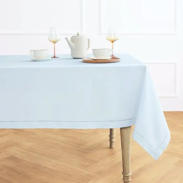 SOLINO HOME Cotton Hemstitch Tablecloth For Dining Table - Light Blue