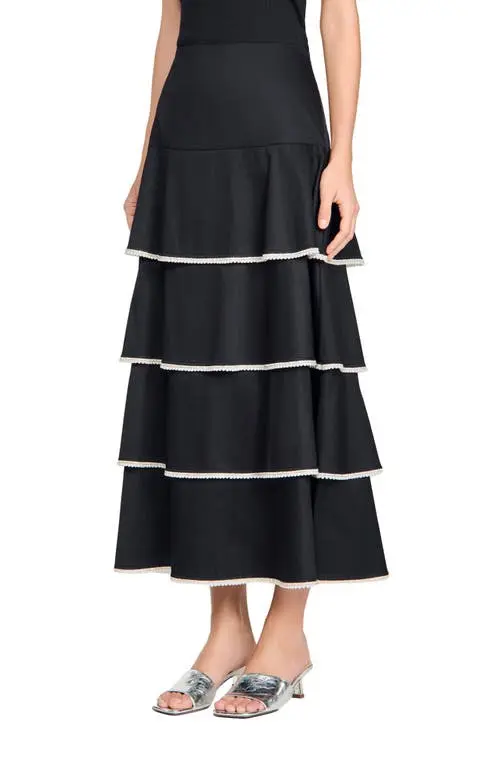 Sandro Long Ruffled Rhinestone Skirt - Black