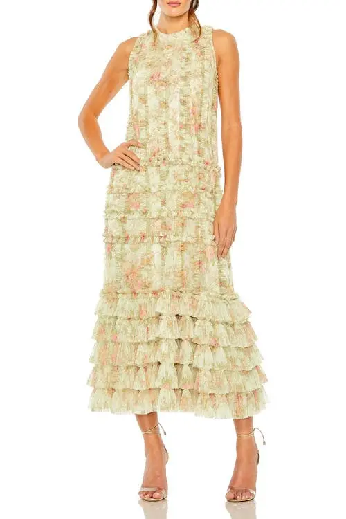 Mac Duggal Floral Tiered Ruffle Midi Dress