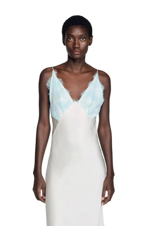 sandro lace detail maxi dress Maxi dress with lace details in Ciel / Blanc for Women