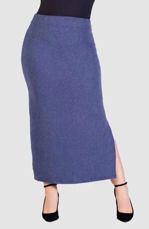 24SEVEN COMFORT APPAREL Ribbed Midi Skirt With Side Slit - Blue