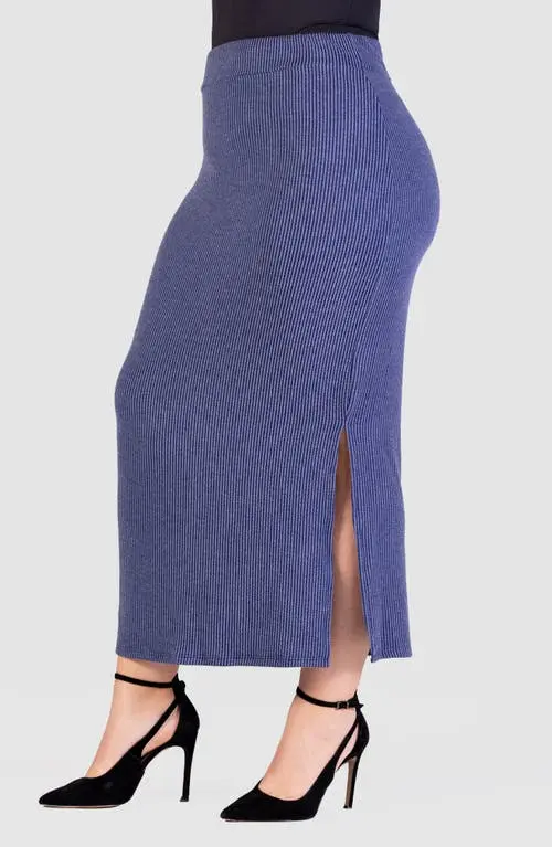 24SEVEN COMFORT APPAREL Ribbed Midi Skirt With Side Slit - Blue