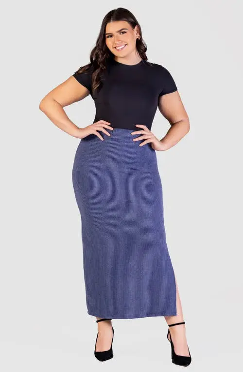 24SEVEN COMFORT APPAREL Ribbed Midi Skirt With Side Slit - Blue
