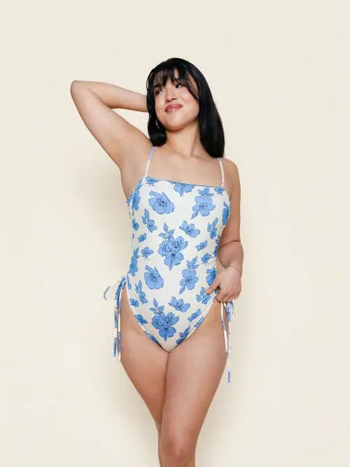 KITTY AND VIBE Ruched Square Neck One Piece - Blue Floral