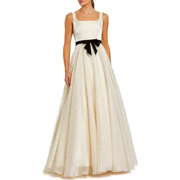 Mac Duggal Polka Dot Organza Ballgown With Velvet Bow - Ivory