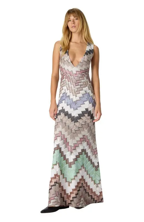 Missoni Long Sleeveless Dress In Viscose Lamé With Deep V-neck - Multicoloured