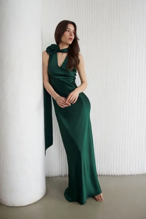 VASILIKI Luna Silky Bias Cut Gown - Emerald