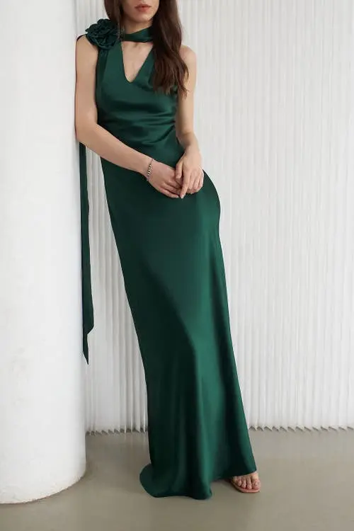 VASILIKI Luna Silky Bias Cut Gown - Emerald