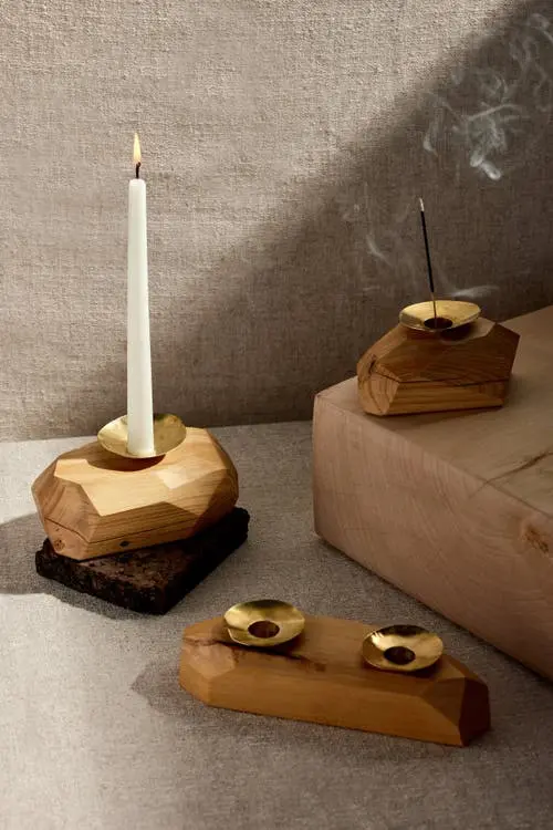 KANJU INTERIORS Wood Incense And Candle Holder Dor+kie - Natural