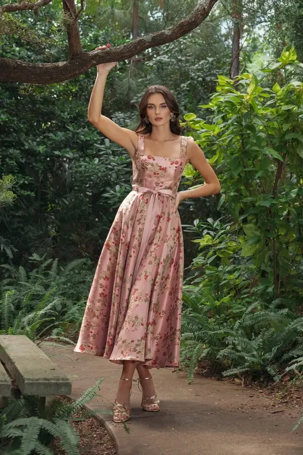 Mac Duggal Brocade A-Line Midi Dress In Pink Multi | Editorialist
