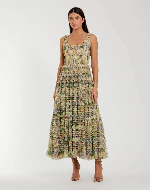 Mac Duggal Floral Print Tiered Ruffle Midi Dress