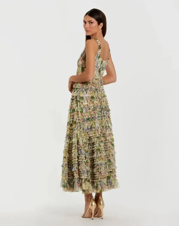 Mac Duggal Floral Print Tiered Ruffle Midi Dress