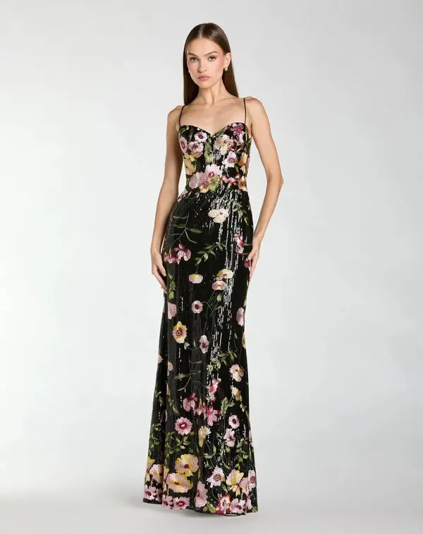 Mac Duggal Sleeveless Bustier Floral Applique Gown