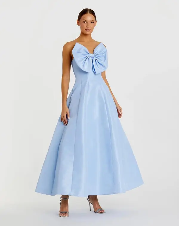 Mac Duggal Strapless A-line Tea Length Bow Dress - Blue