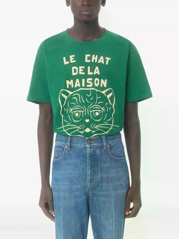 Valentino Garavani Cotton T-shirt With Le Chat De La Maison Print - Green