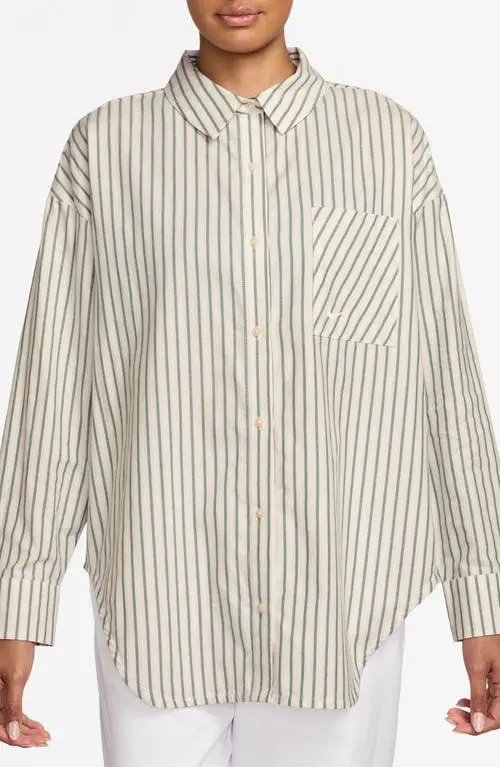 Nike Sportswear Oversize Stripe Cotton Button-up Shirt - Fir/light Orewood Brown