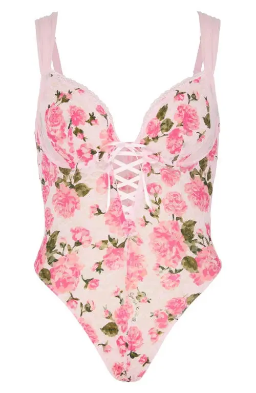 SAVAGE X FENTY Floral Lace Teddy - Sweet Pink Rosy Passions Print