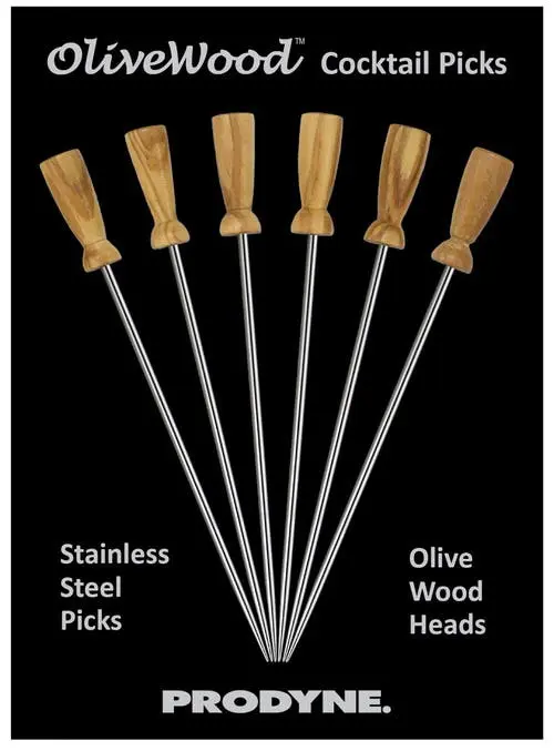 PRODYNE Olivewood Stainless Steel Cocktail Picks