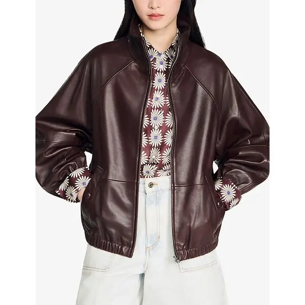 Sandro Zipped Funnel-neck Leather Jacket