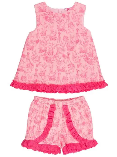 RUFFLEBUTTS Cotton Gauze Swing Top And Short Set - Pink Bunny Stripe