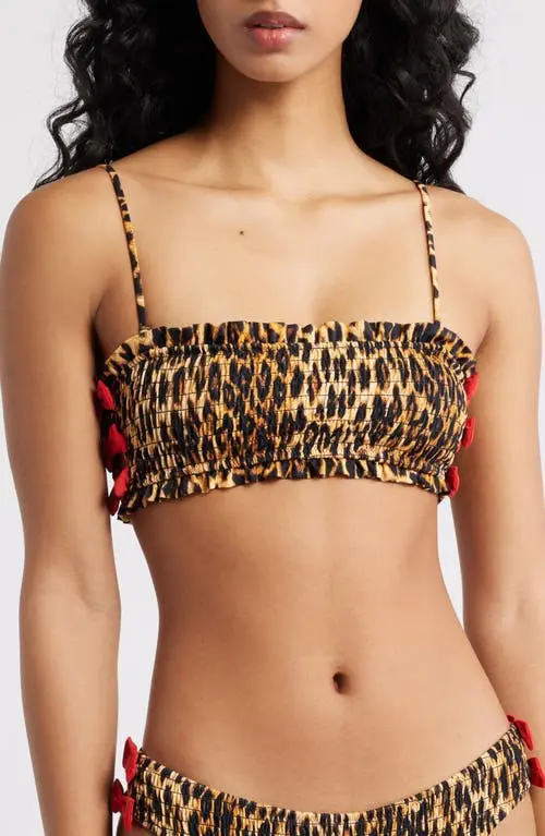 DAMSON MADDER Leopard Smocked Bandeau Bikini Top - Brown