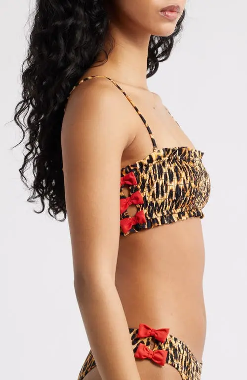 DAMSON MADDER Leopard Smocked Bandeau Bikini Top - Brown