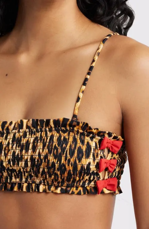 DAMSON MADDER Leopard Smocked Bandeau Bikini Top - Brown