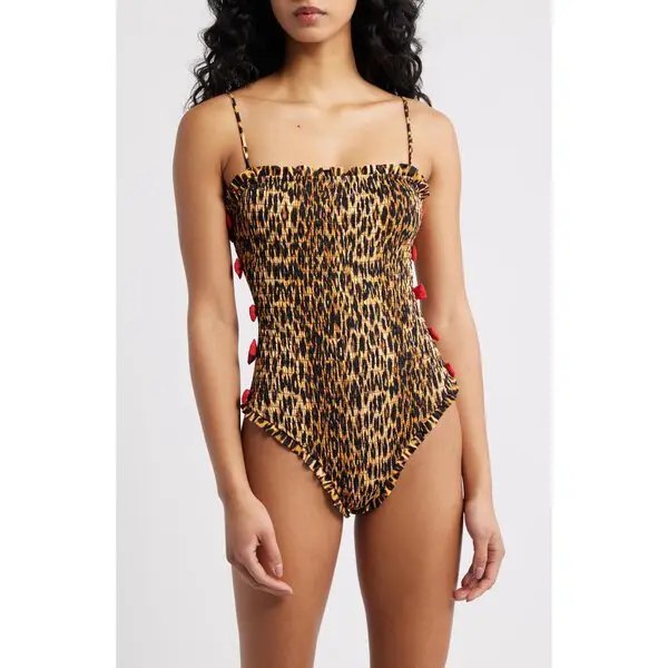 DAMSON MADDER Betty Smocked Bow One-piece Swimsuit - Brown