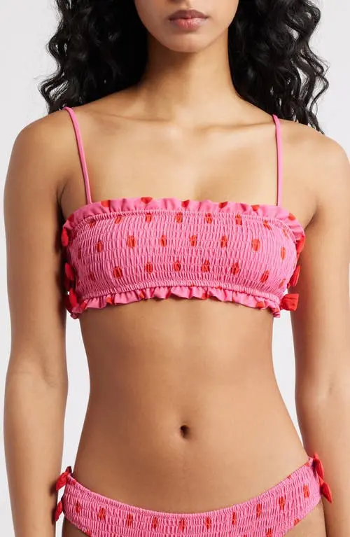 DAMSON MADDER Polka Dot Smocked Bandeau Bikini Top - Pink