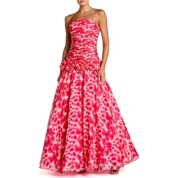 Mac Duggal Printed Chiffon Strapless Drop Waist Ballgown - Grapefruit Multi