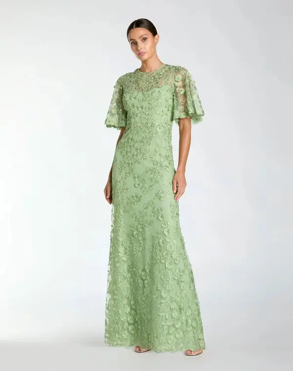 Mac Duggal Flutter Sleeve Floral Embroidered Net Gown - Green