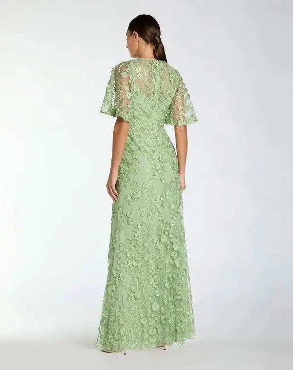 Mac Duggal Flutter Sleeve Floral Embroidered Net Gown - Green
