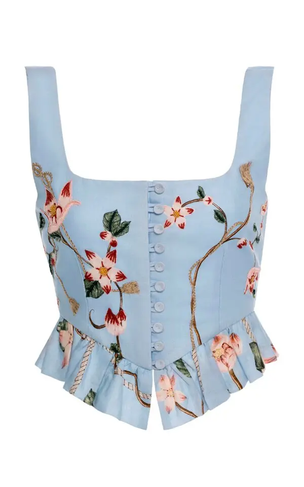 Agua Bendita Eslabón Navegante Cropped Linen Top - Blue
