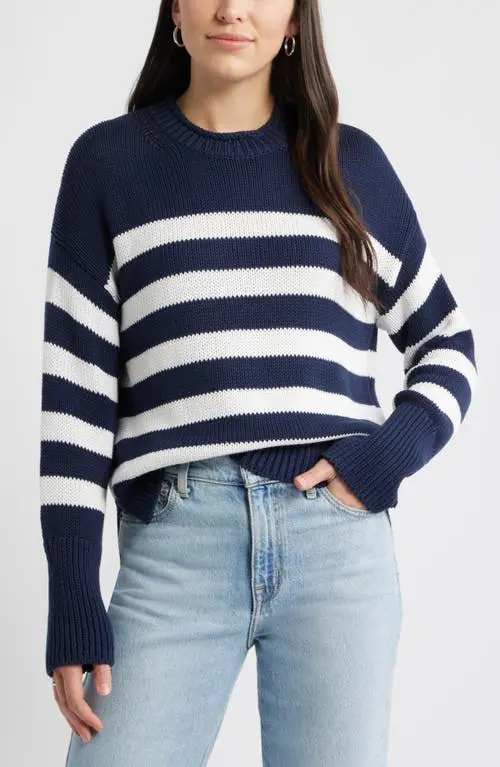 Caslon Stripe Roll Neck Cotton Sweater - Navy Still- White Stripe