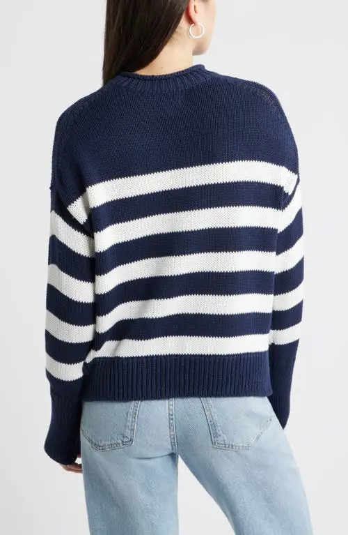 Caslon Stripe Roll Neck Cotton Sweater - Navy Still- White Stripe