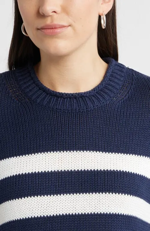 Caslon Stripe Roll Neck Cotton Sweater - Navy Still- White Stripe