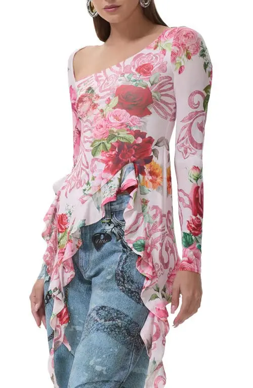 AFRM Doris Ruffle Asymmetric Mesh Top - Wing Rose