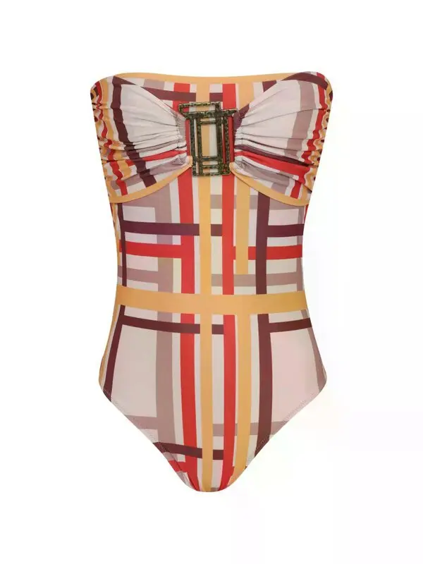 AMIR SLAMA Check-pattern Strapless One-piece Swimsuit - Neutrals