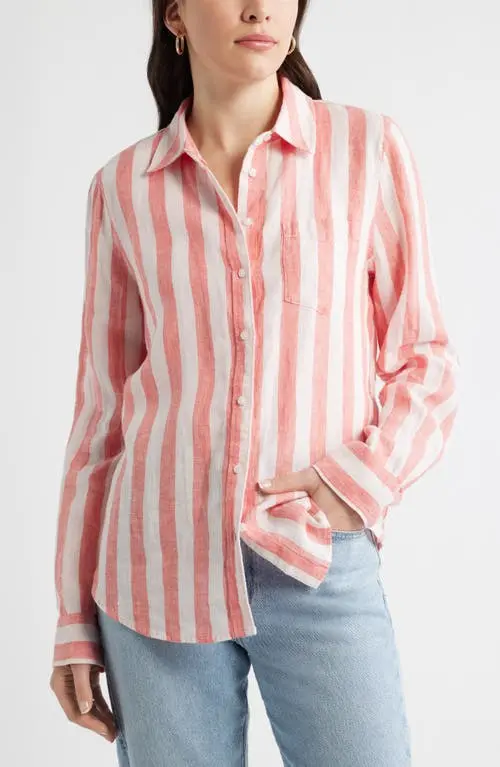Caslon Casual Linen Button-up Shirt - Pink- Coral Cabana Stripe