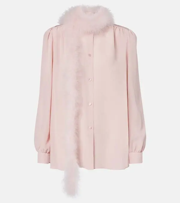 Valentino Garavani Feather-trimmed Silk Shirt - Pink