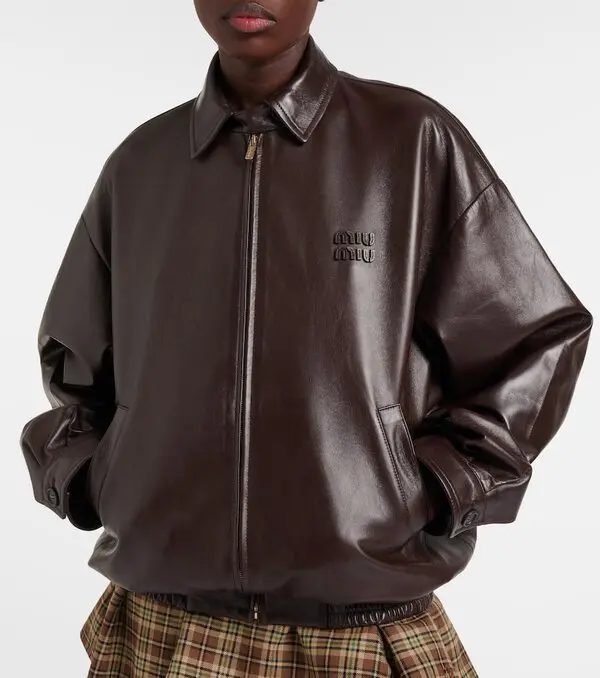 Miu Miu Logo Leather Bomber Jacket