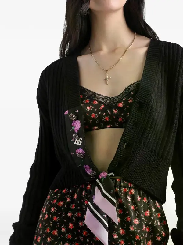 Dolce & Gabbana Button Ribbed Jacket With Floral Scarf Detail