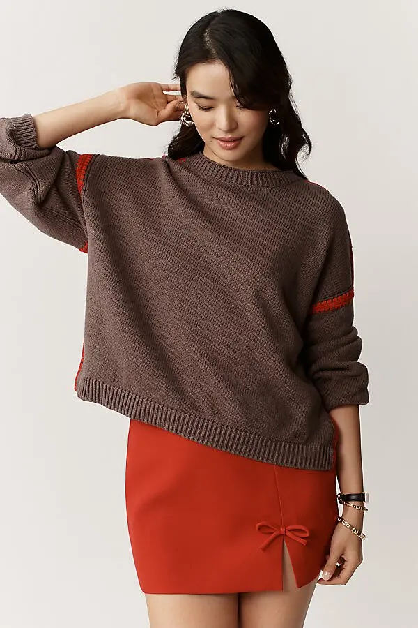 Maeve Long-sleeve Crew-neck Whipstitch Sweater - Brown