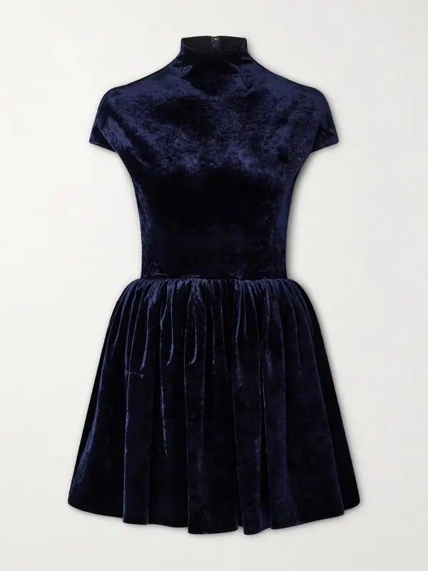 Alaïa Pleated Velvet Turtleneck Mini Dress - Navy