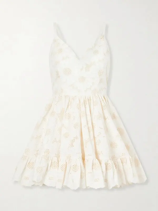 CRISTIANO MARCHELI Fernanda Open-back Ruffled Broderie Anglaise Cotton Mini Dress - Neutrals