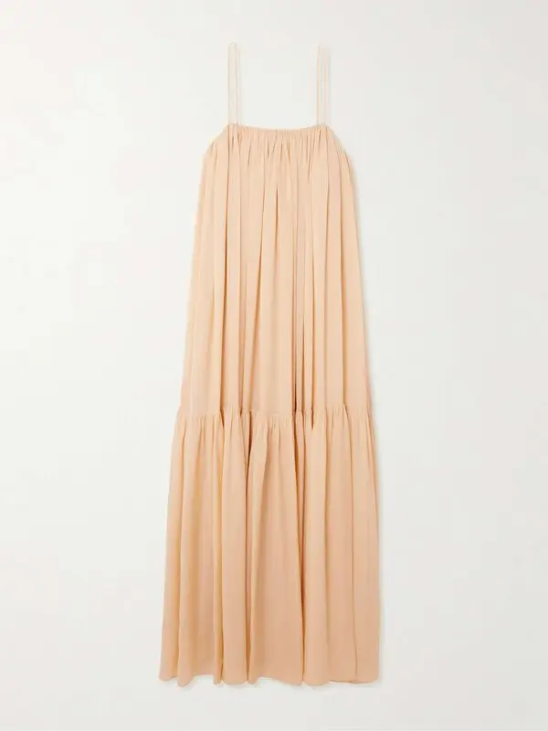 Chloé Ruched Tiered Silk Maxi Dress - Pastel Pink