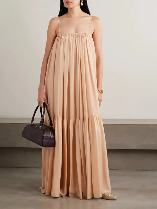 Chloé Ruched Tiered Silk Maxi Dress - Pink
