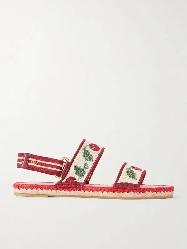 Valentino Garavani Embroidered Leather-trimmed Raffia Sandals - Multi