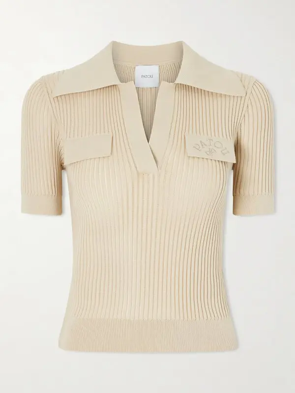 PATOU Embroidered Ribbed Cotton Polo Shirt - Neutrals