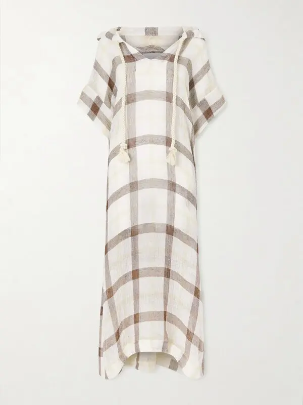 Lisa Marie Fernandez Hooded Checked Linen-blend Crepon Kaftan - Multi